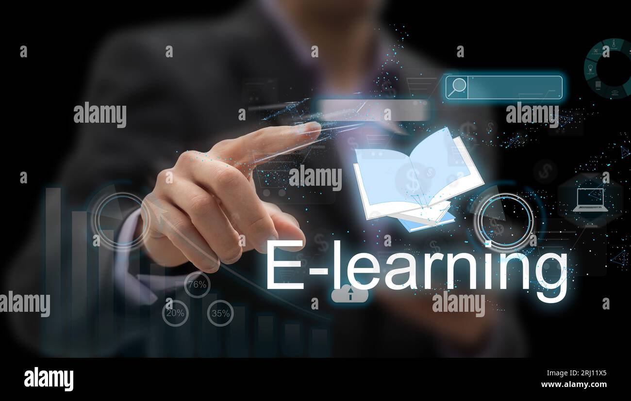 E-Learning Concept. Businessman Holding Holographic World Globe And ...