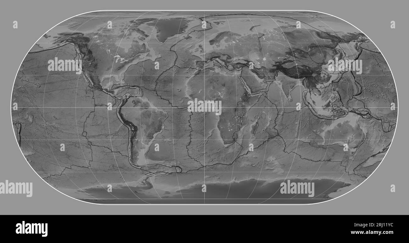 Tectonic plate boundaries on a grayscale map of the world in the Eckert ...