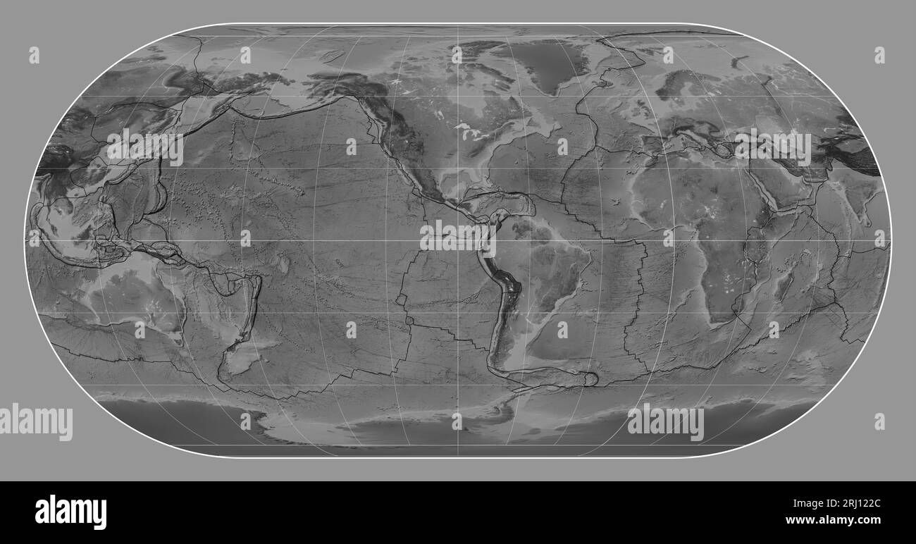 Tectonic plate boundaries on a grayscale map of the world in the Eckert ...