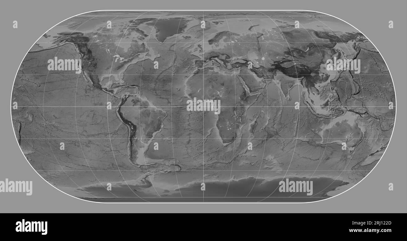 Grayscale map of the world in the Eckert III projection centered on the ...