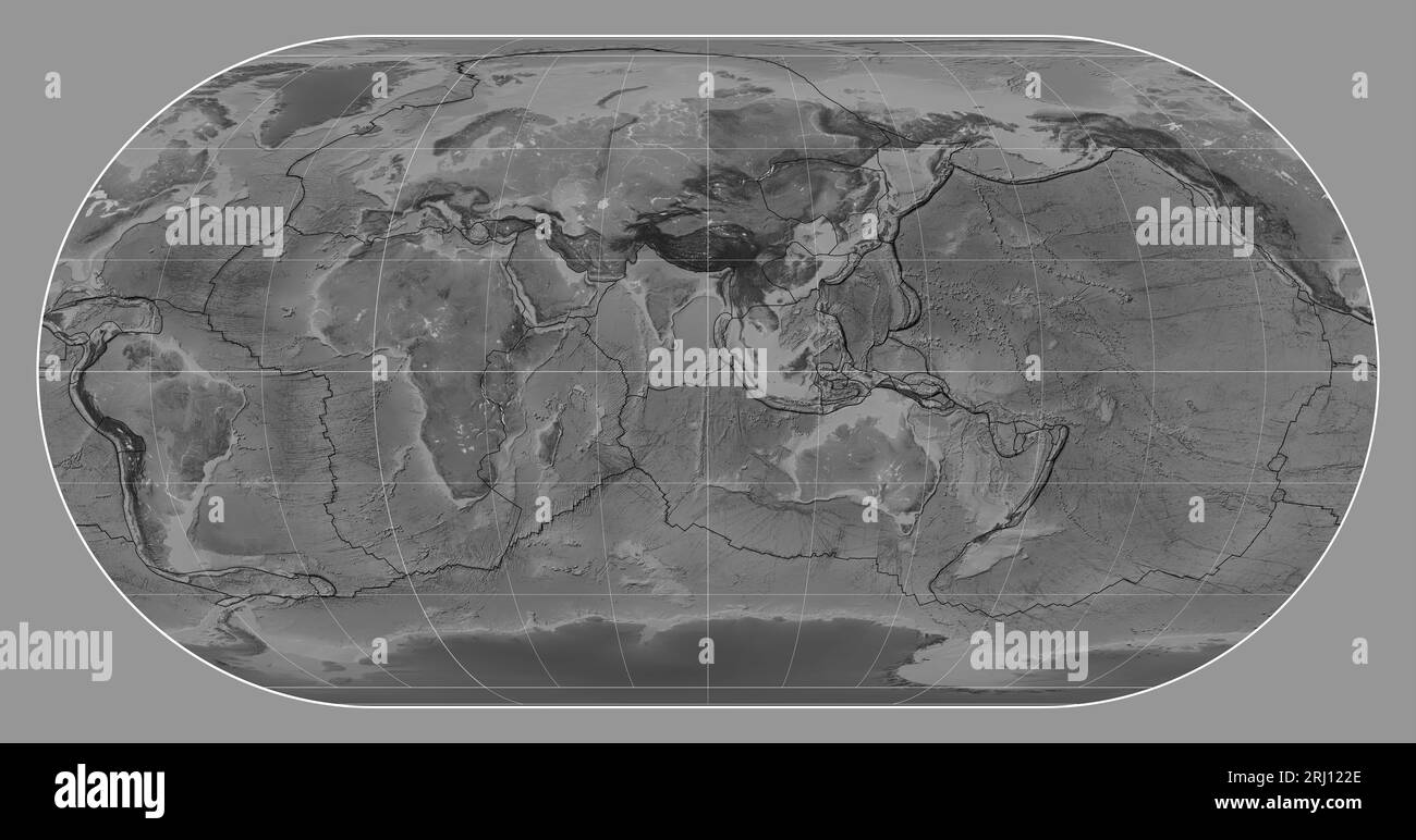 Tectonic plate boundaries on a grayscale map of the world in the Eckert ...