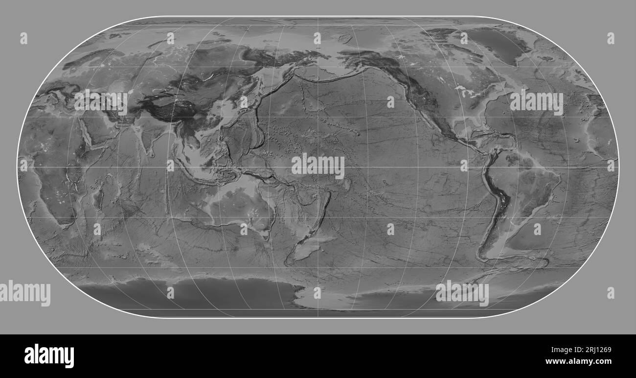 Grayscale map of the world in the Eckert III projection centered on the ...