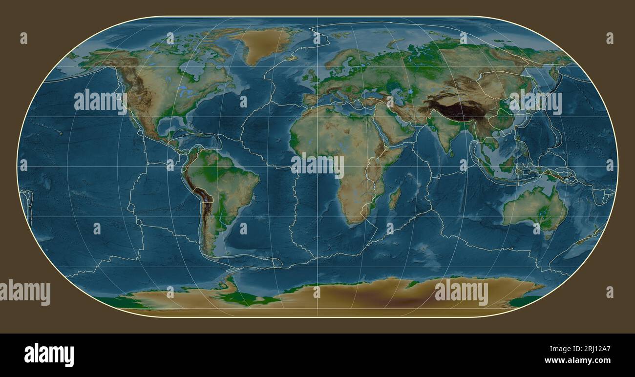 Tectonic plate boundaries on a physical map of the world in the Eckert ...
