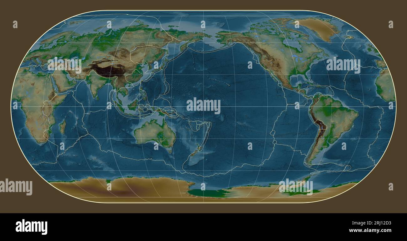 Tectonic plate boundaries on a physical map of the world in the Eckert ...