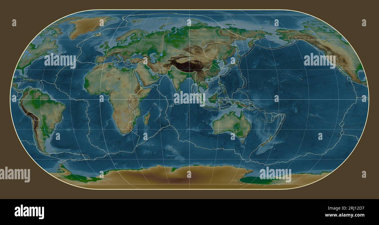 Tectonic plate boundaries on a physical map of the world in the Eckert ...