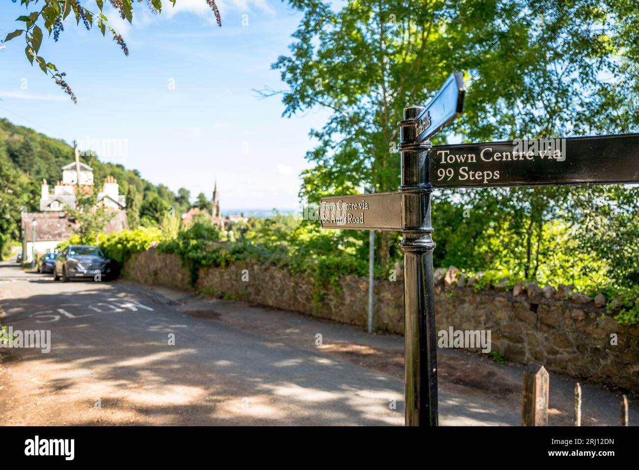Metal sign post to the town centre via the 99 steps, Great Malvern ...