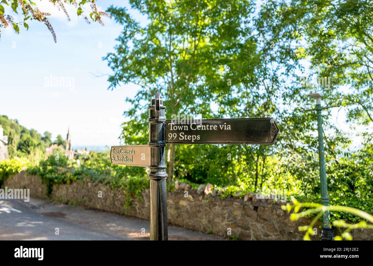 Metal sign post to the town centre via the 99 steps, Great Malvern ...