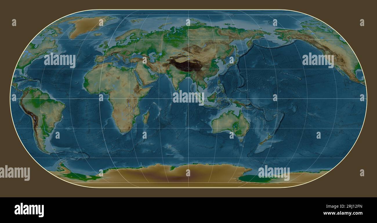 Physical map of the world in the Eckert III projection centered on the ...