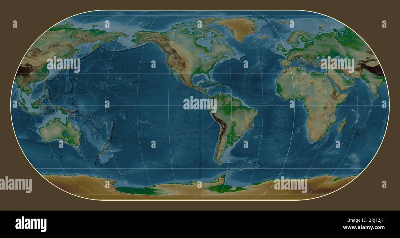 Physical map of the world in the Eckert III projection centered on the ...