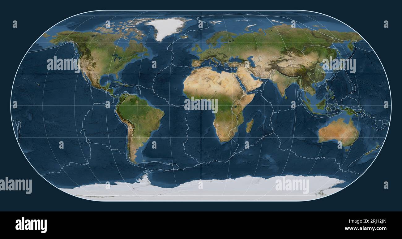 Tectonic plate boundaries on a satellite map of the world in the Eckert ...