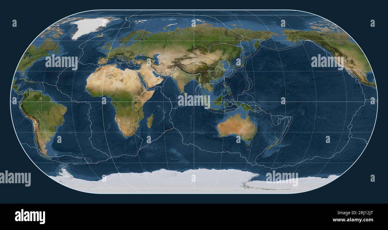 Tectonic plate boundaries on a satellite map of the world in the Eckert ...