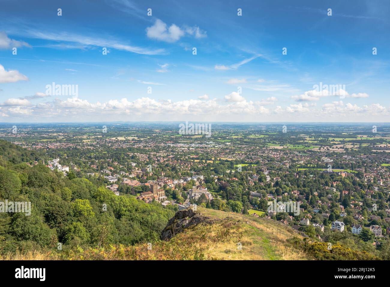 View looking towards the spa town of malvern and the Vale of Evesham from the Malvern Hills ...