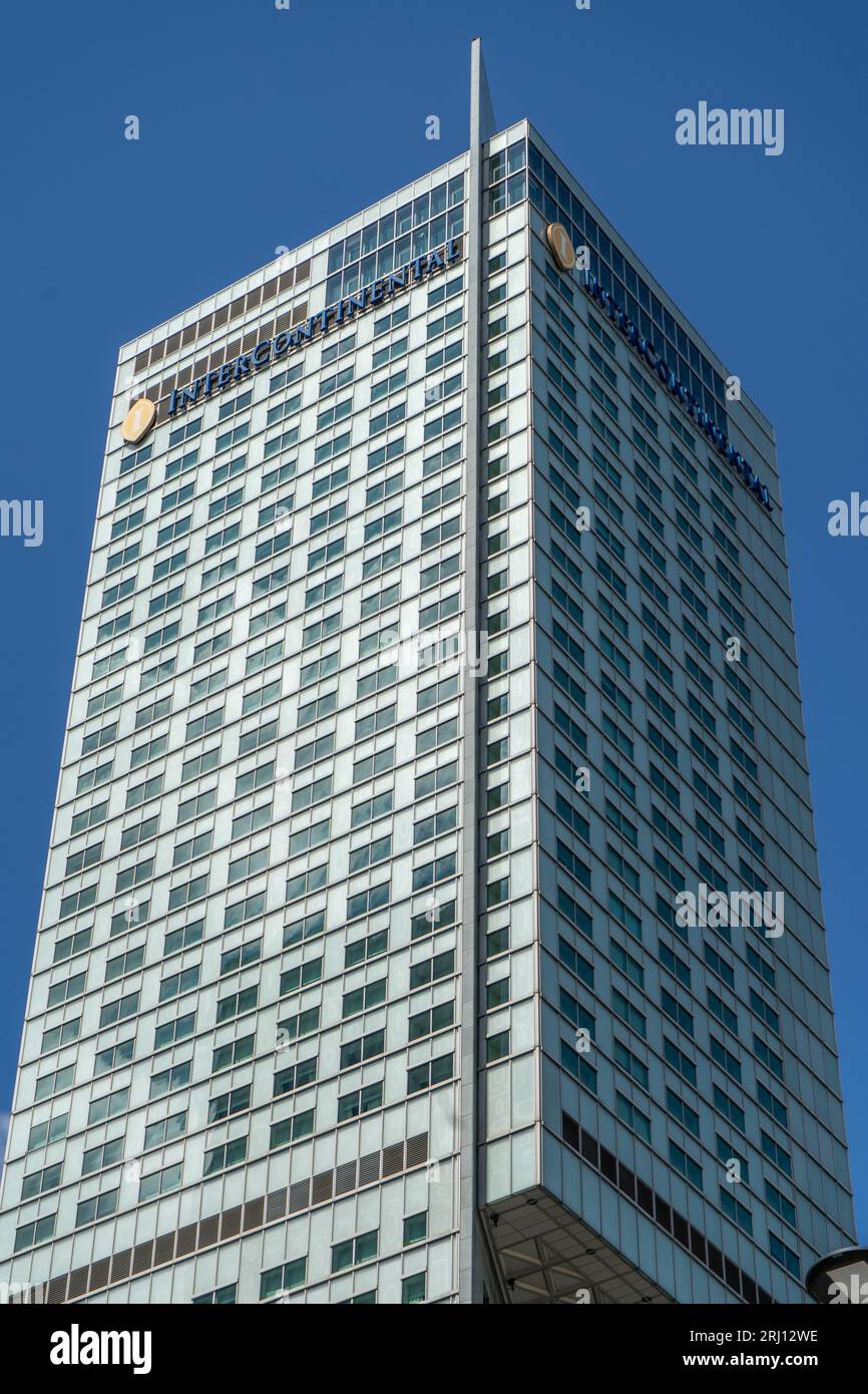 Exterior of InterContinental hotel in Warsaw. Logo at the entrance to ...
