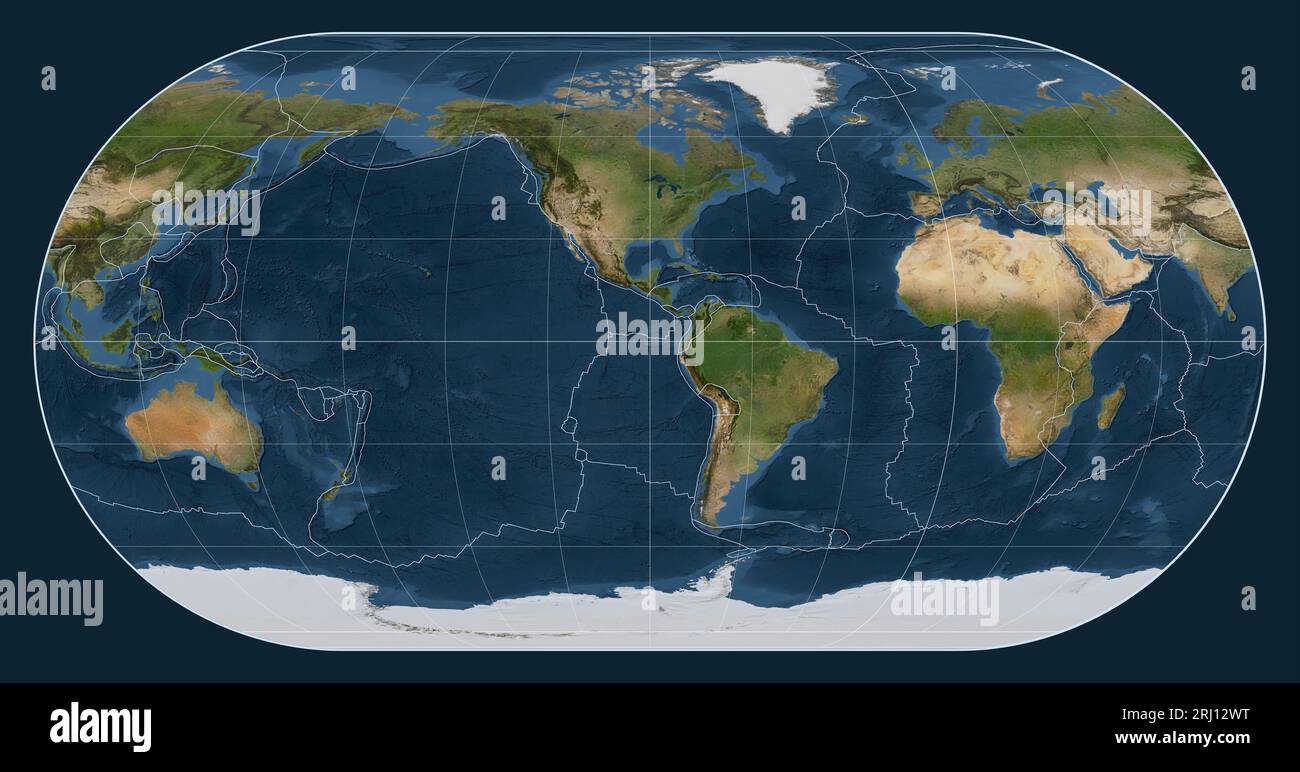 Tectonic plate boundaries on a satellite map of the world in the Eckert ...