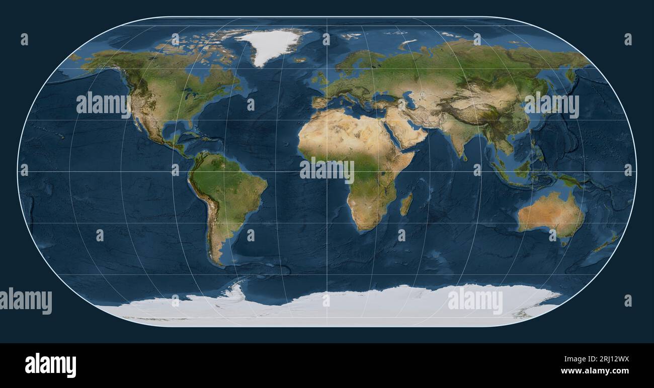 Satellite map of the world in the Eckert III projection centered on the ...