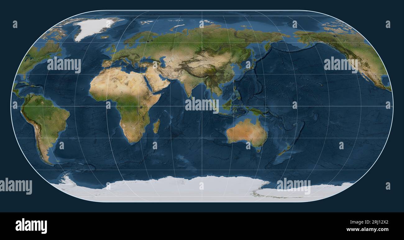 Satellite map of the world in the Eckert III projection centered on the ...