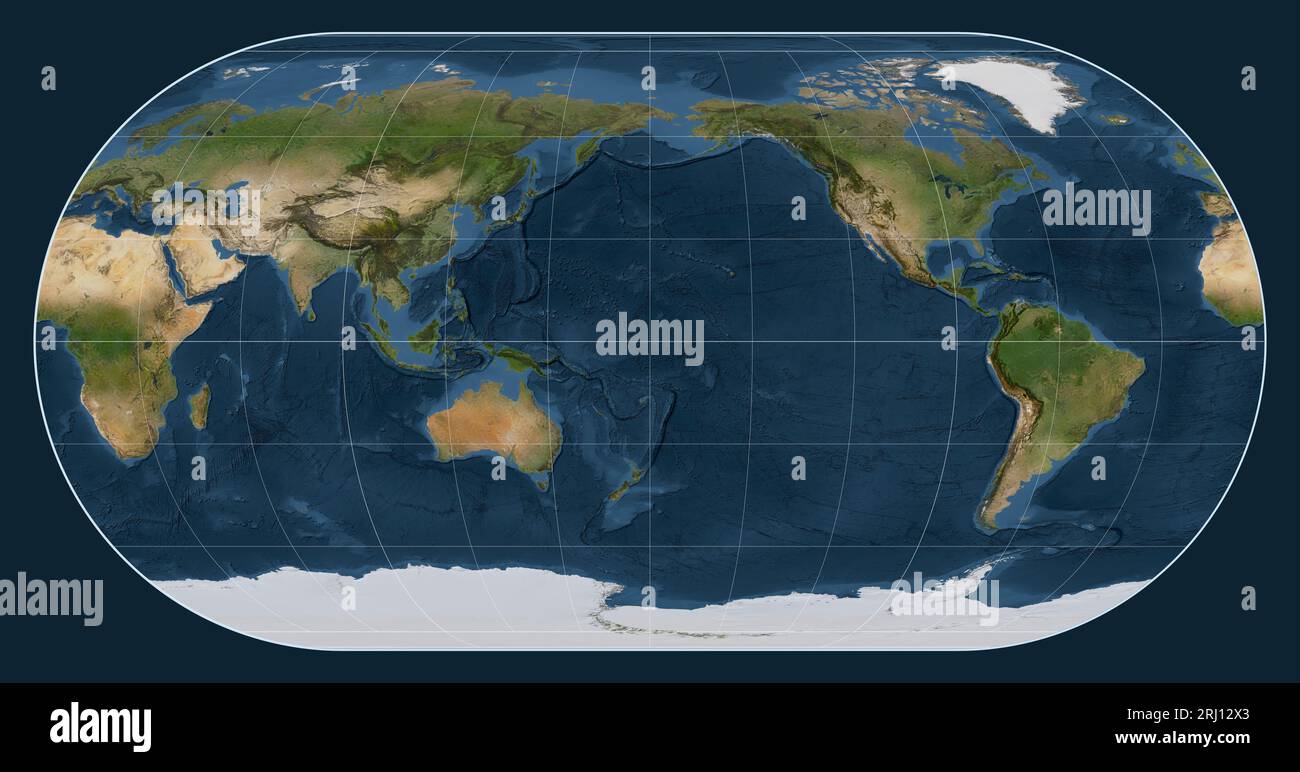 Satellite map of the world in the Eckert III projection centered on the ...