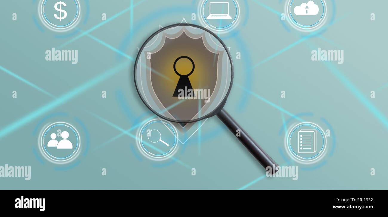 Magnifying glass and lock mark with blue background Stock Photo - Alamy