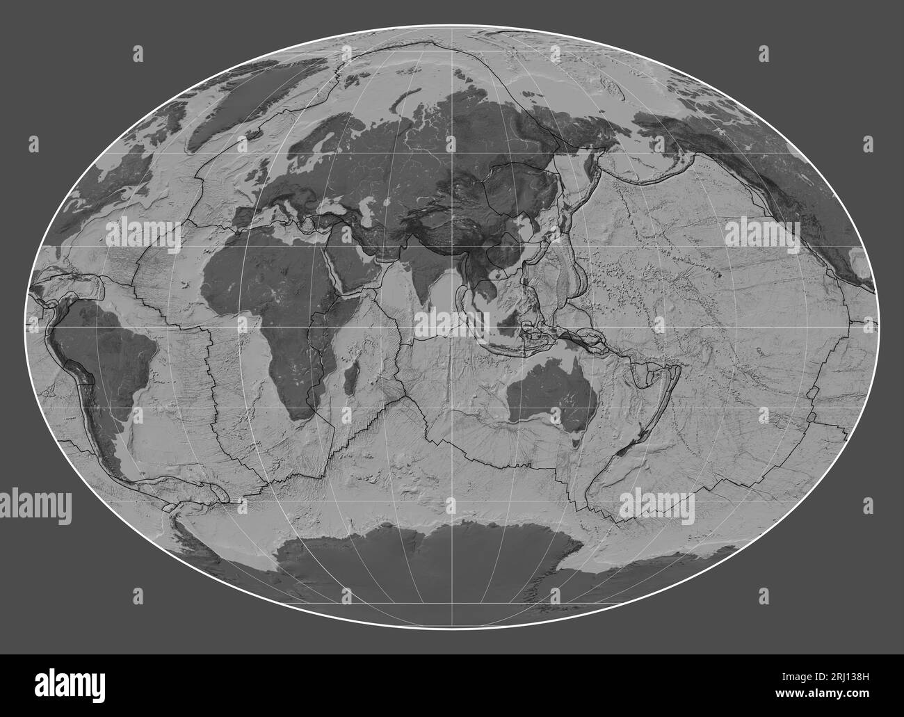 Tectonic plate boundaries on a bilevel map of the world in the Fahey ...