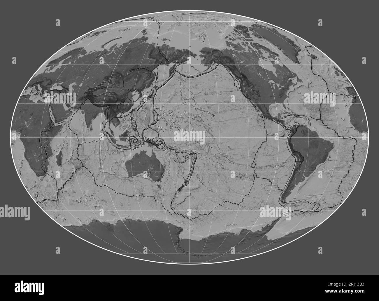 Tectonic plate boundaries on a bilevel map of the world in the Fahey ...