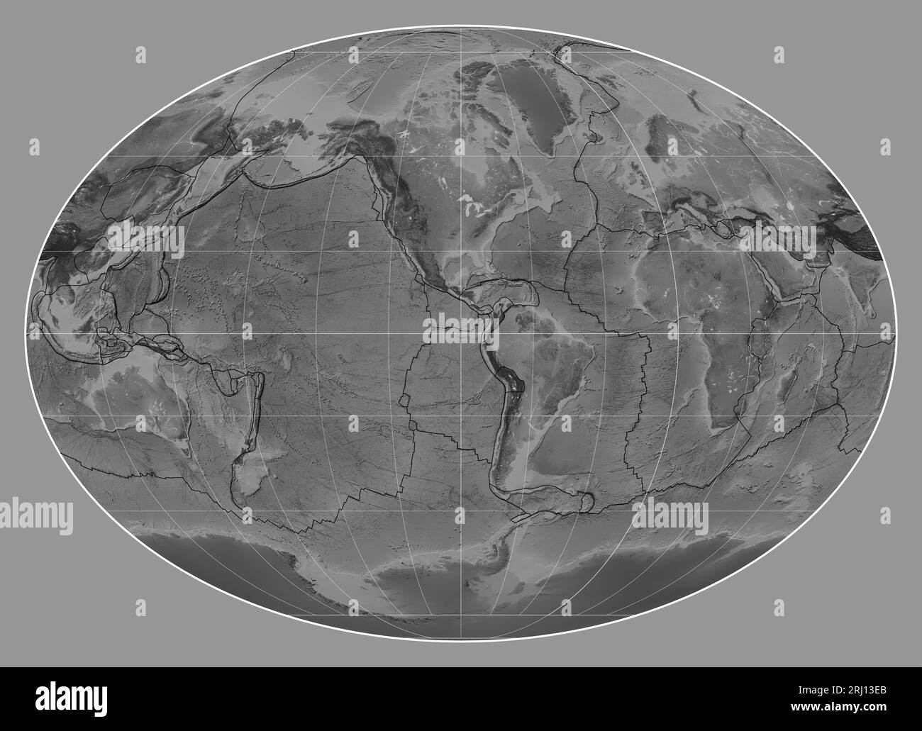 Tectonic plate boundaries on a grayscale map of the world in the Fahey ...