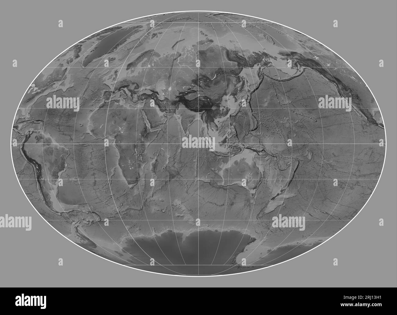 Grayscale map of the world in the Fahey projection centered on the ...