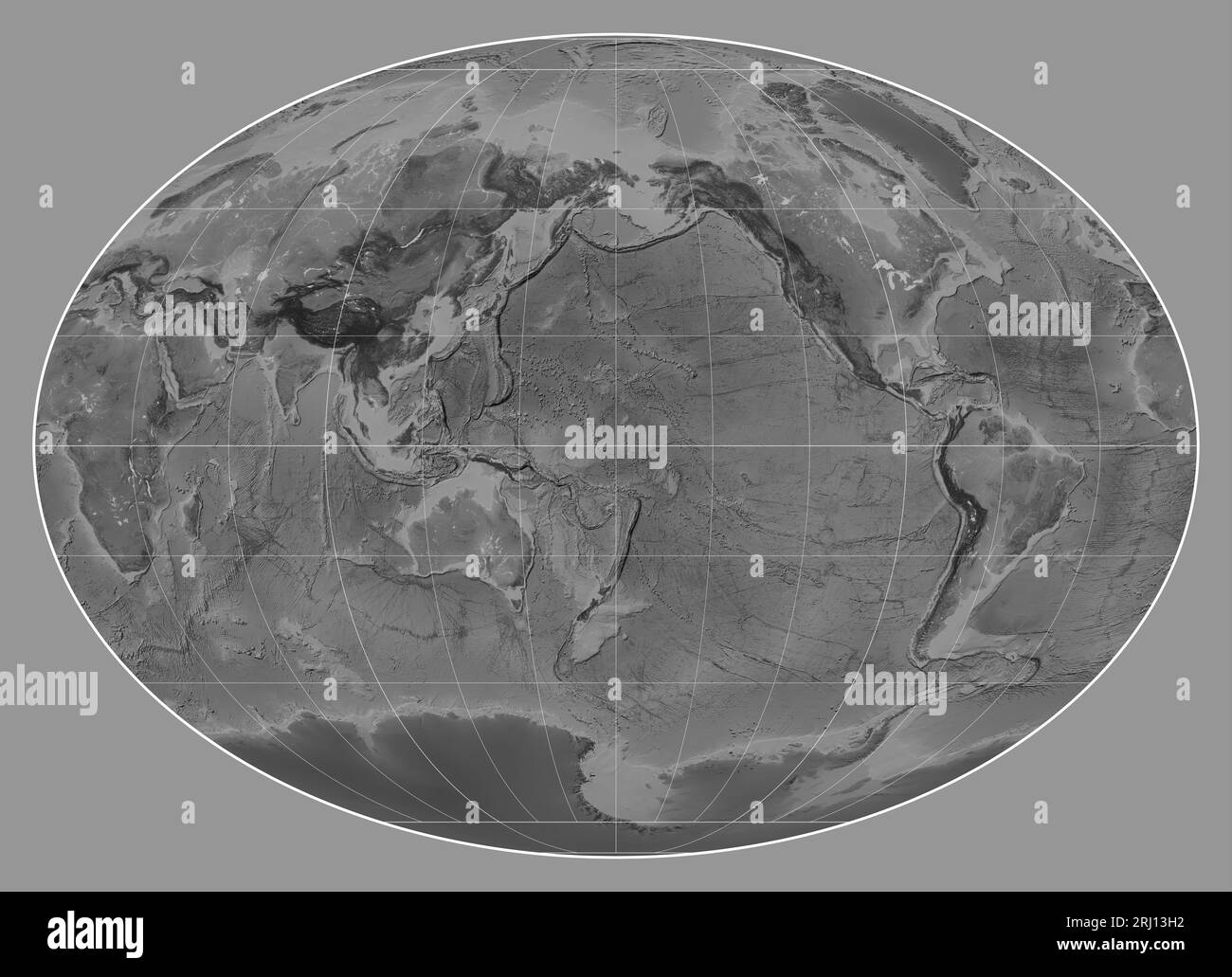 Grayscale map of the world in the Fahey projection centered on the ...