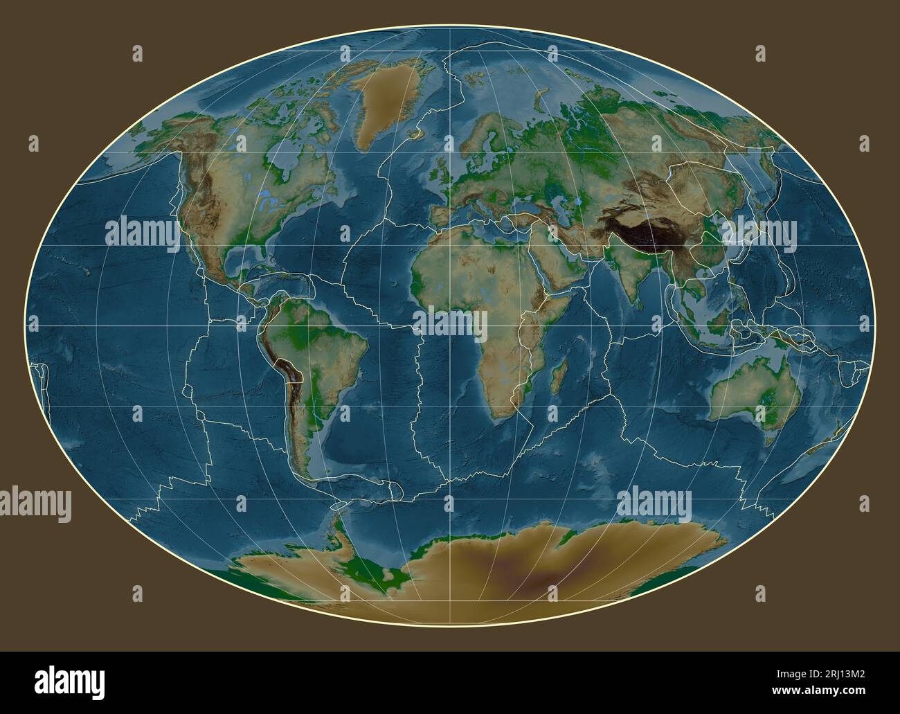 Tectonic plate boundaries on a physical map of the world in the Fahey ...