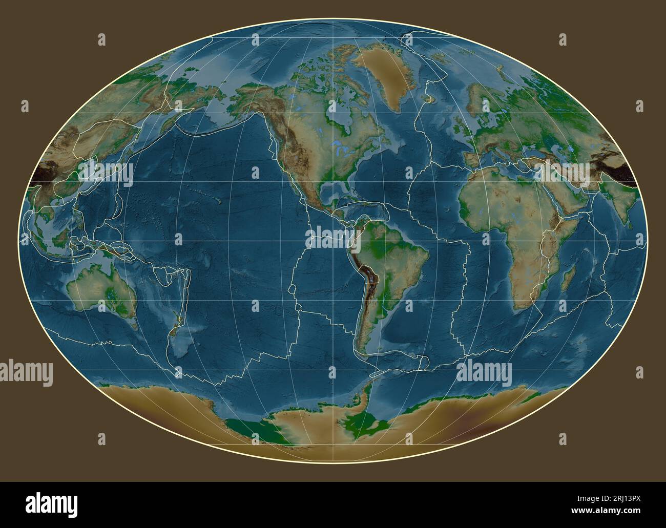 Tectonic plate boundaries on a physical map of the world in the Fahey ...