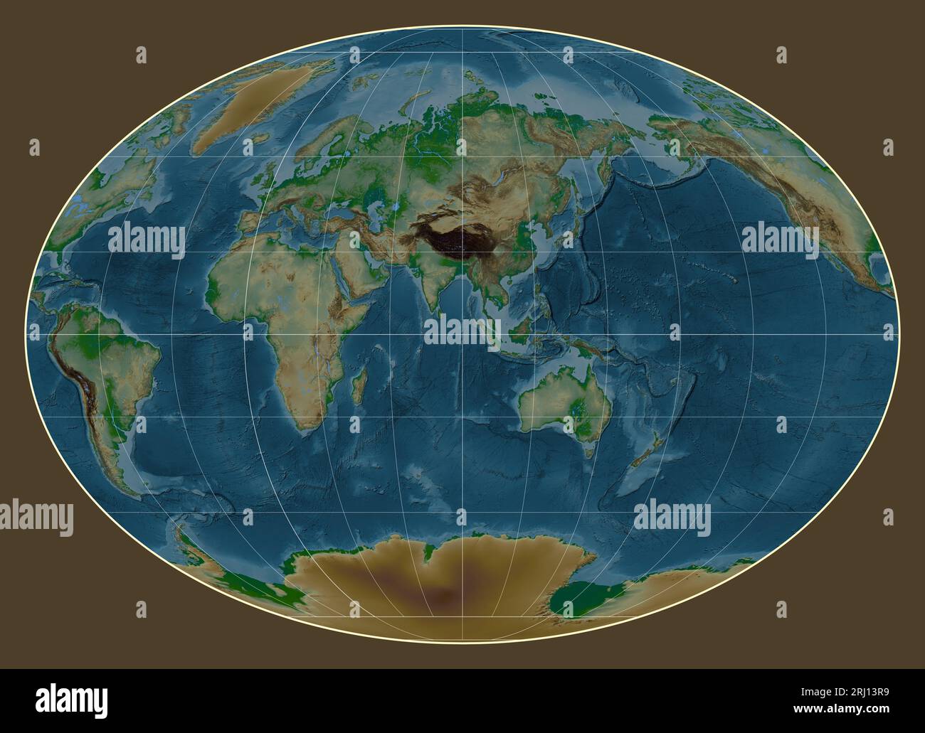 Physical map of the world in the Fahey projection centered on the ...