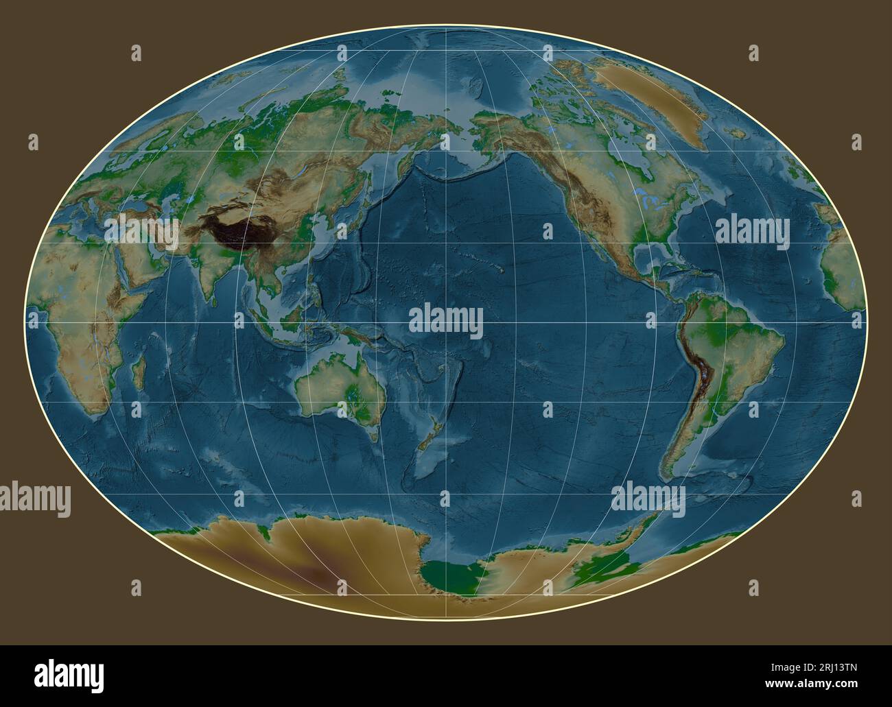 Physical map of the world in the Fahey projection centered on the ...