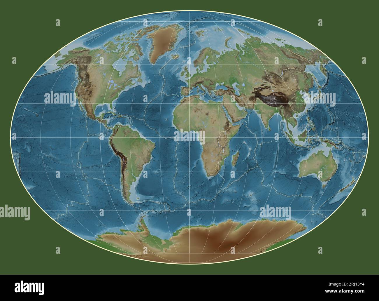 Tectonic plate boundaries on a colored elevation map of the world in ...