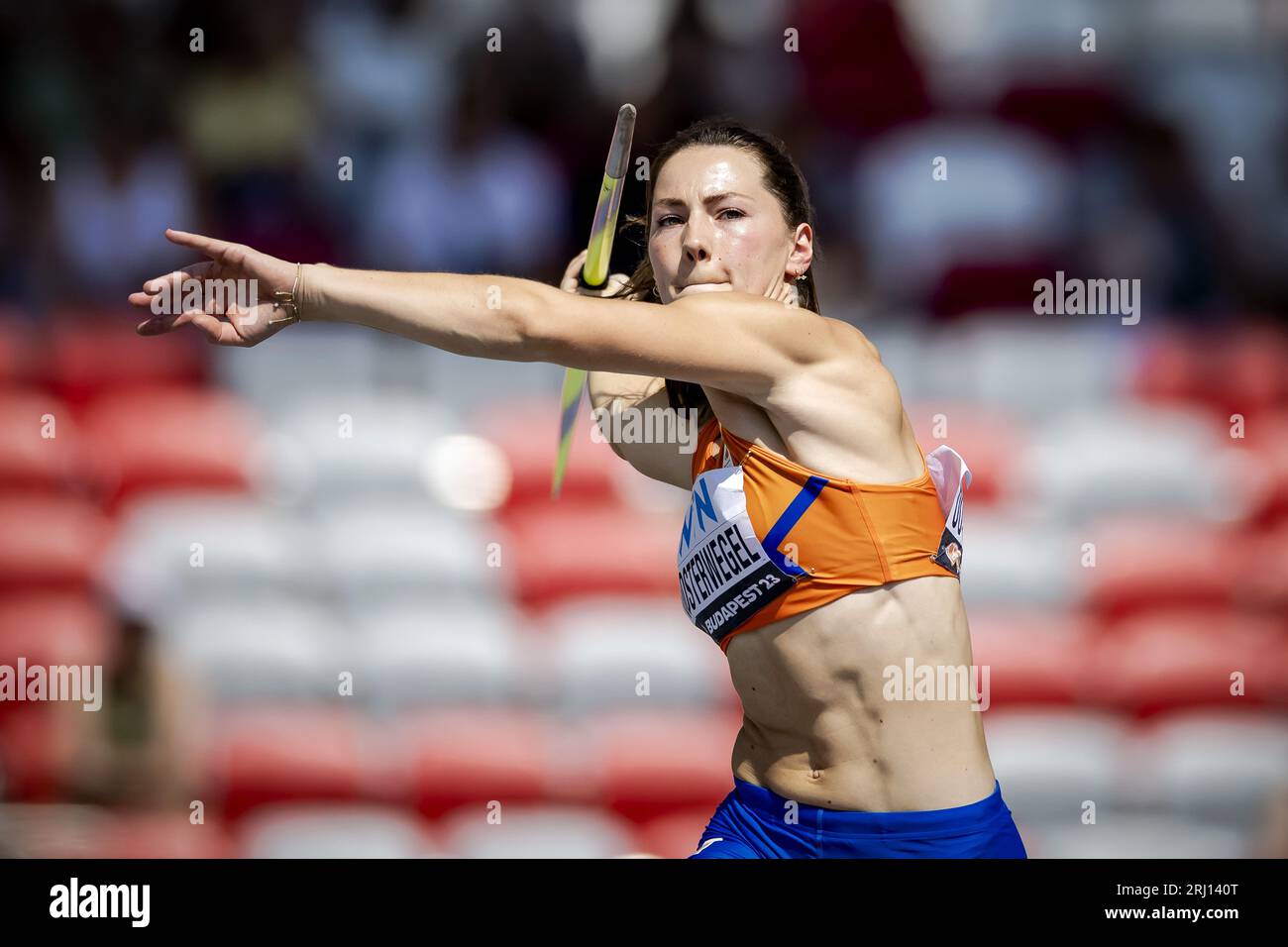 BUDAPEST - Emma Oosterwegel in action in the heptathlon javelin throw ...