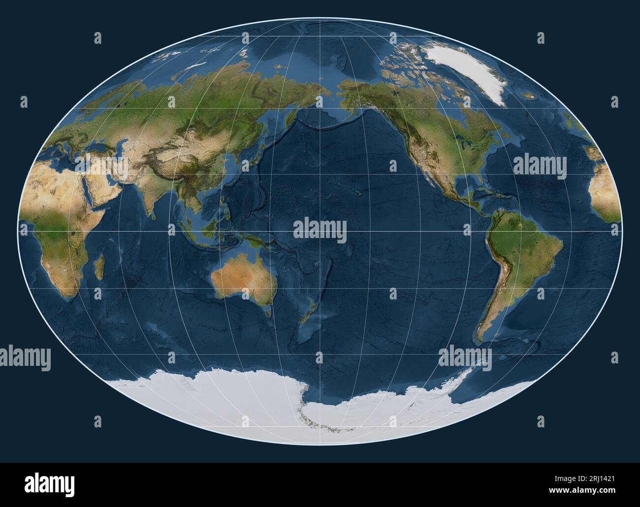 Satellite map of the world in the Fahey projection centered on the ...