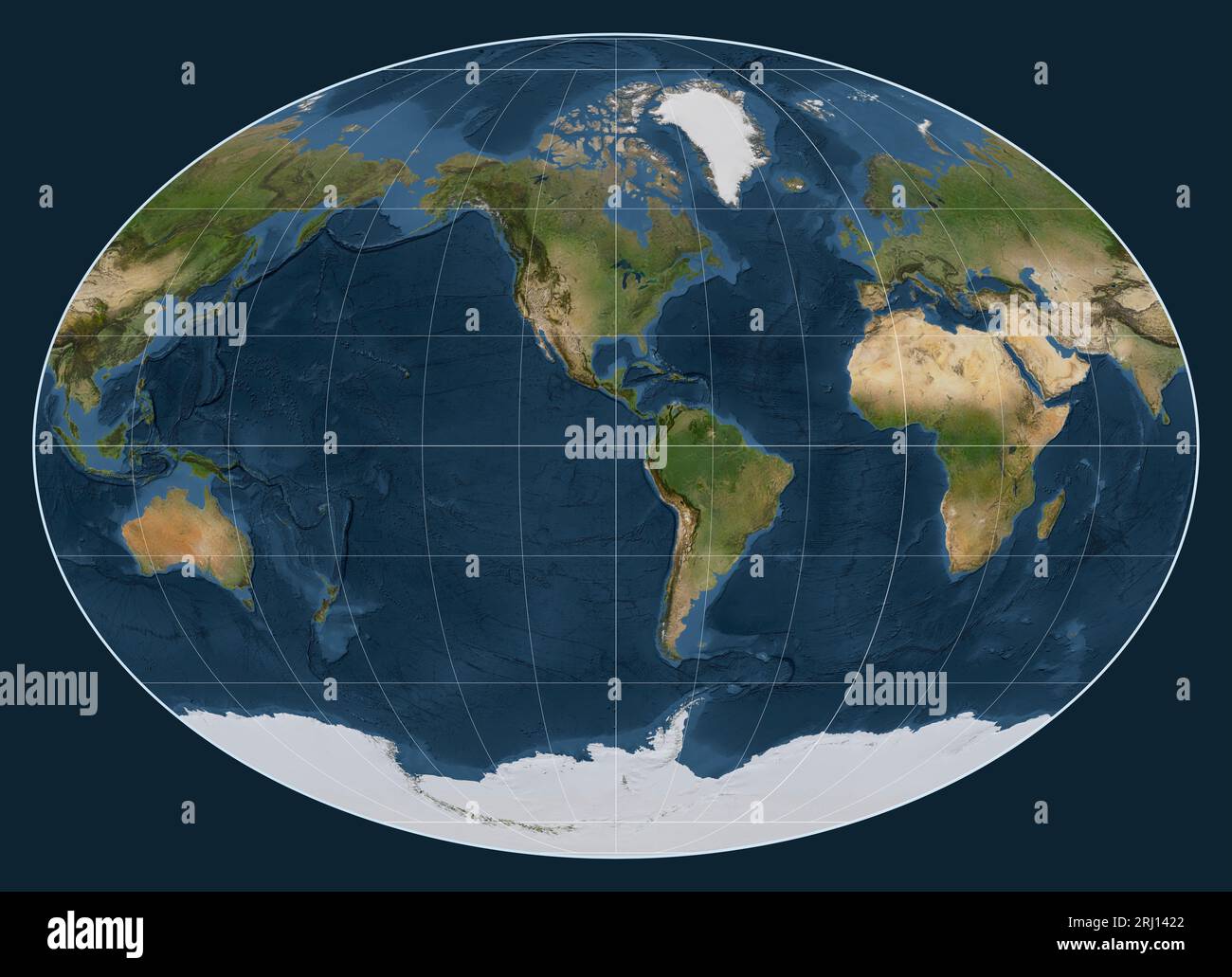 Satellite map of the world in the Fahey projection centered on the ...