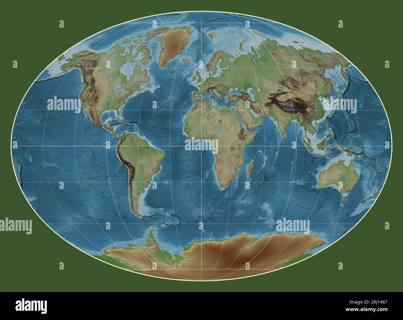 Colored elevation map of the world in the Fahey projection centered on ...