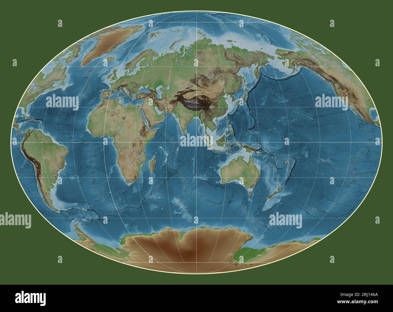Colored elevation map of the world in the Fahey projection centered on ...