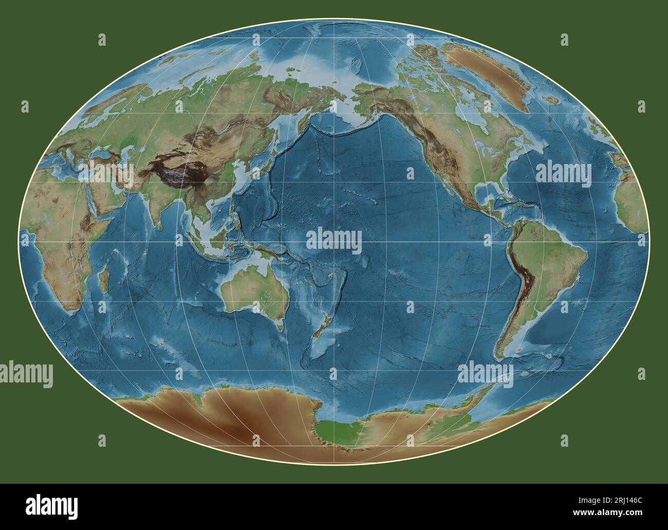 Colored elevation map of the world in the Fahey projection centered on ...