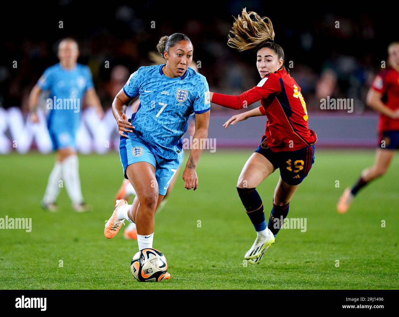 England's Lauren James (left) and Spain's Olga Carmona battle for the ...