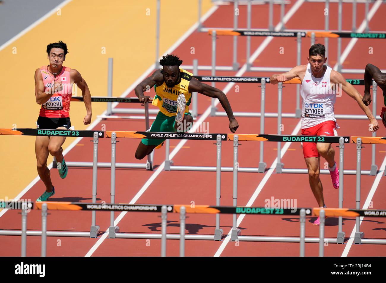 Rasheed Broadbell, of Jamaicacompetes in the Men's 110-meters hurdles ...