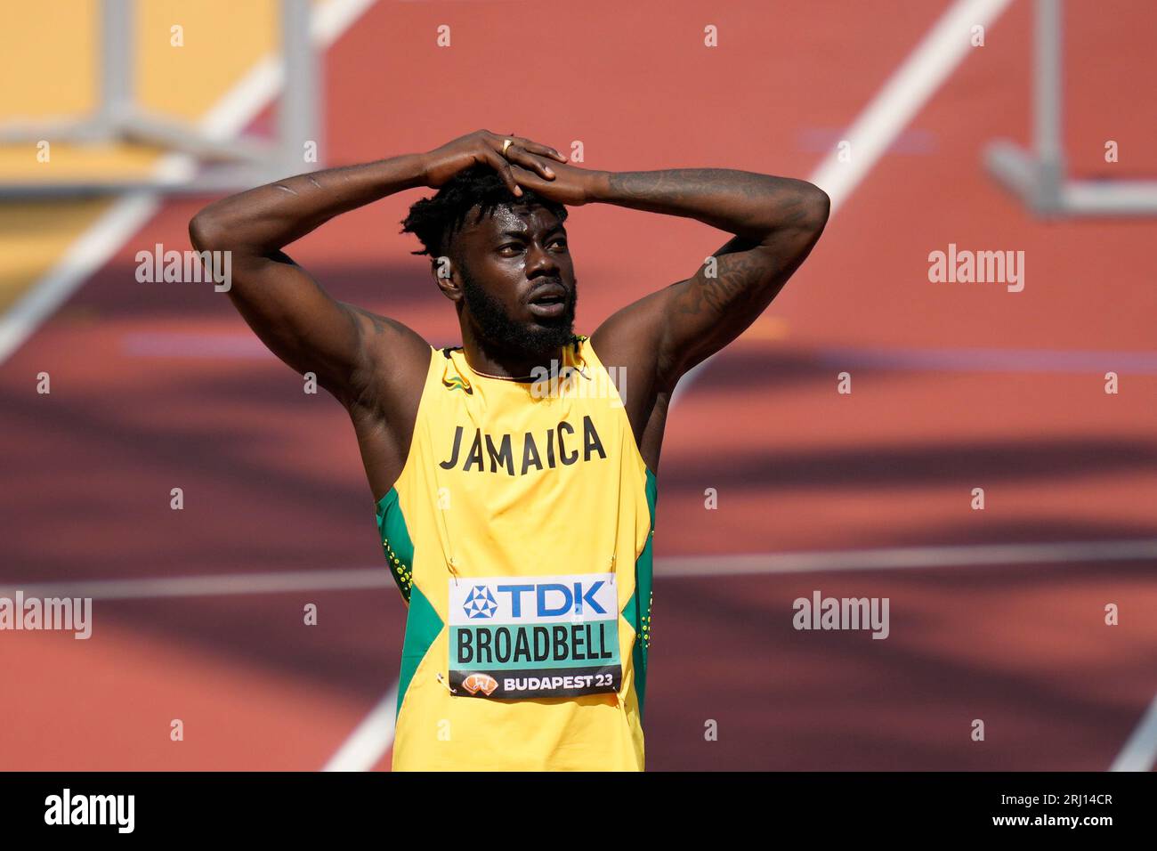 Rasheed Broadbell, of Jamaica reacts after competing the Men's 110 ...