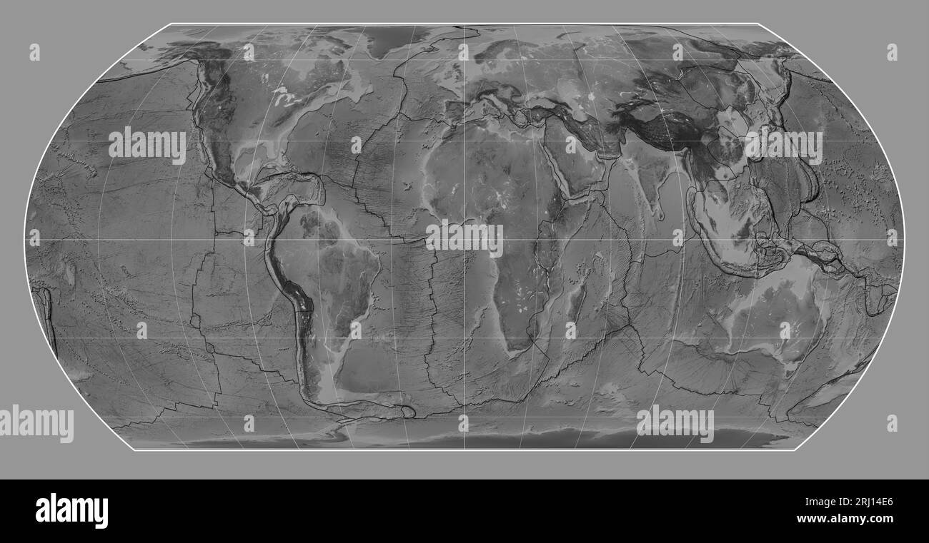 Tectonic plate boundaries on a grayscale map of the world in the Hatano ...