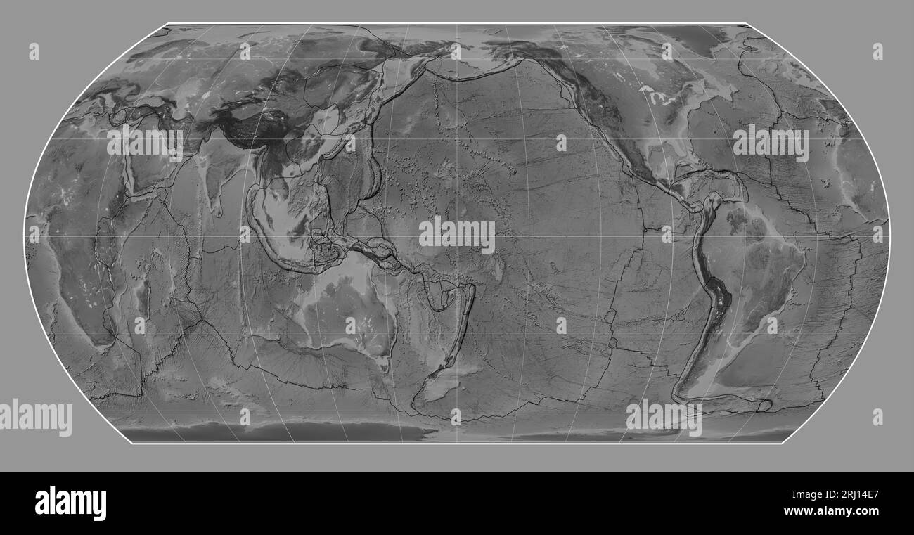 Tectonic plate boundaries on a grayscale map of the world in the Hatano ...