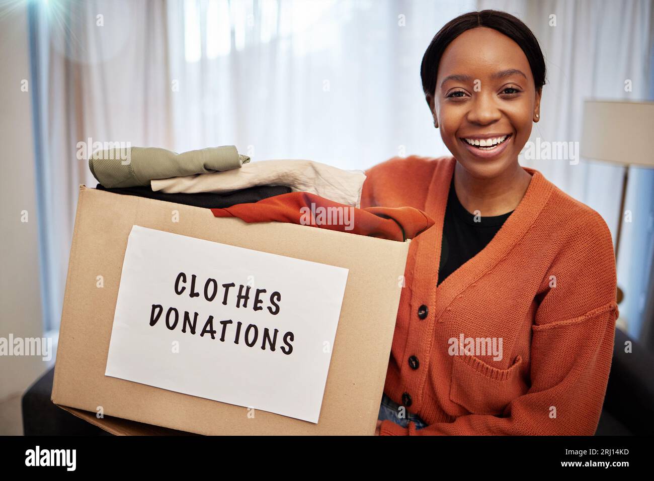 Clothes donation, charity and woman portrait with box for nonprofit and ...