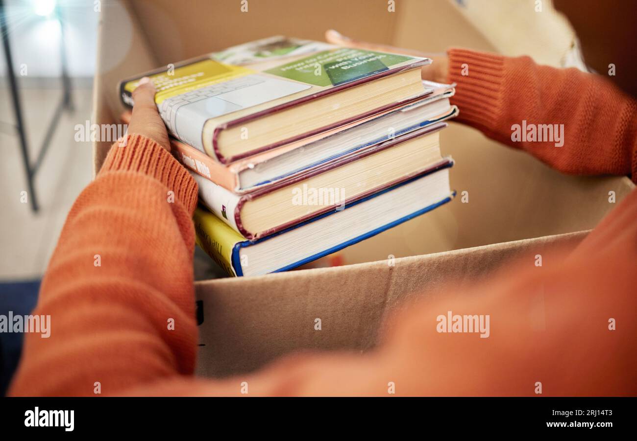 Donation, charity and woman hands with books in box for nonprofit and ...