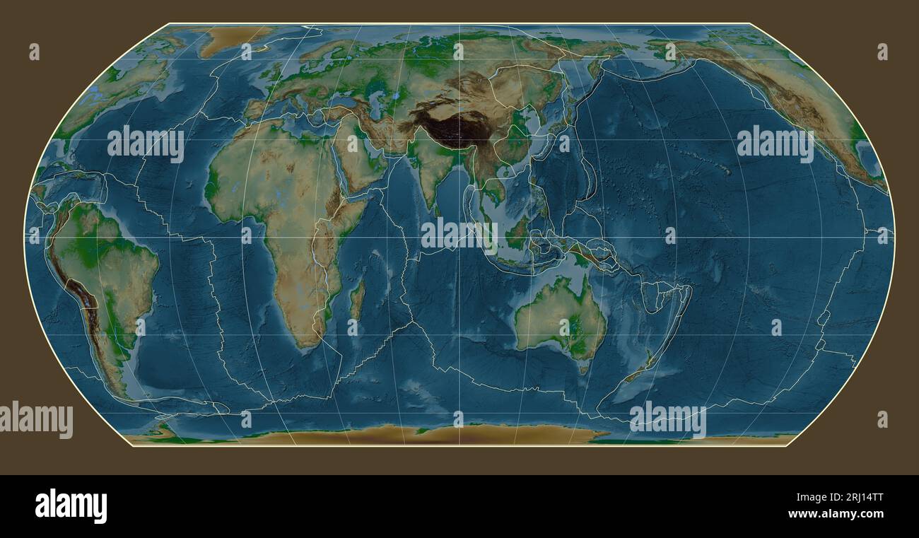 Tectonic plate boundaries on a physical map of the world in the Hatano ...