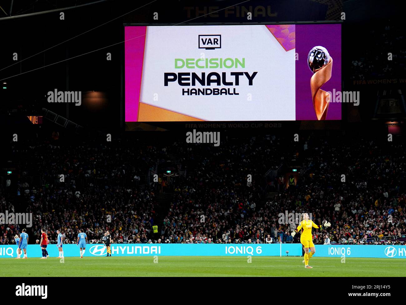 A penalty is given following a VAR check for a handball from England's ...