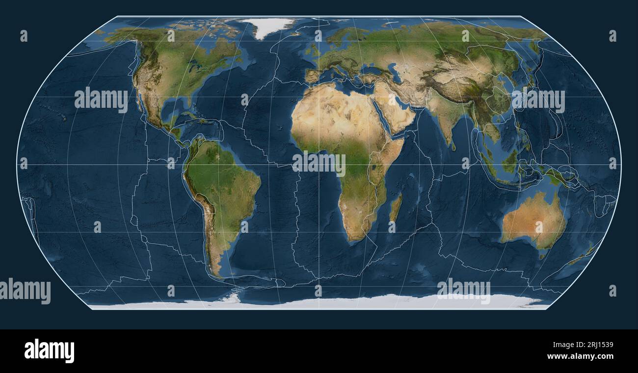 Tectonic plate boundaries on a satellite map of the world in the Hatano ...