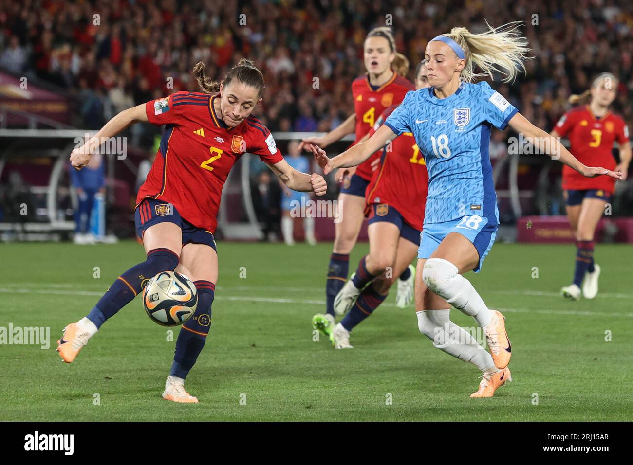 Ona Batlle #2 of Spain clears the ball as Chloe Kelly #18 of England ...