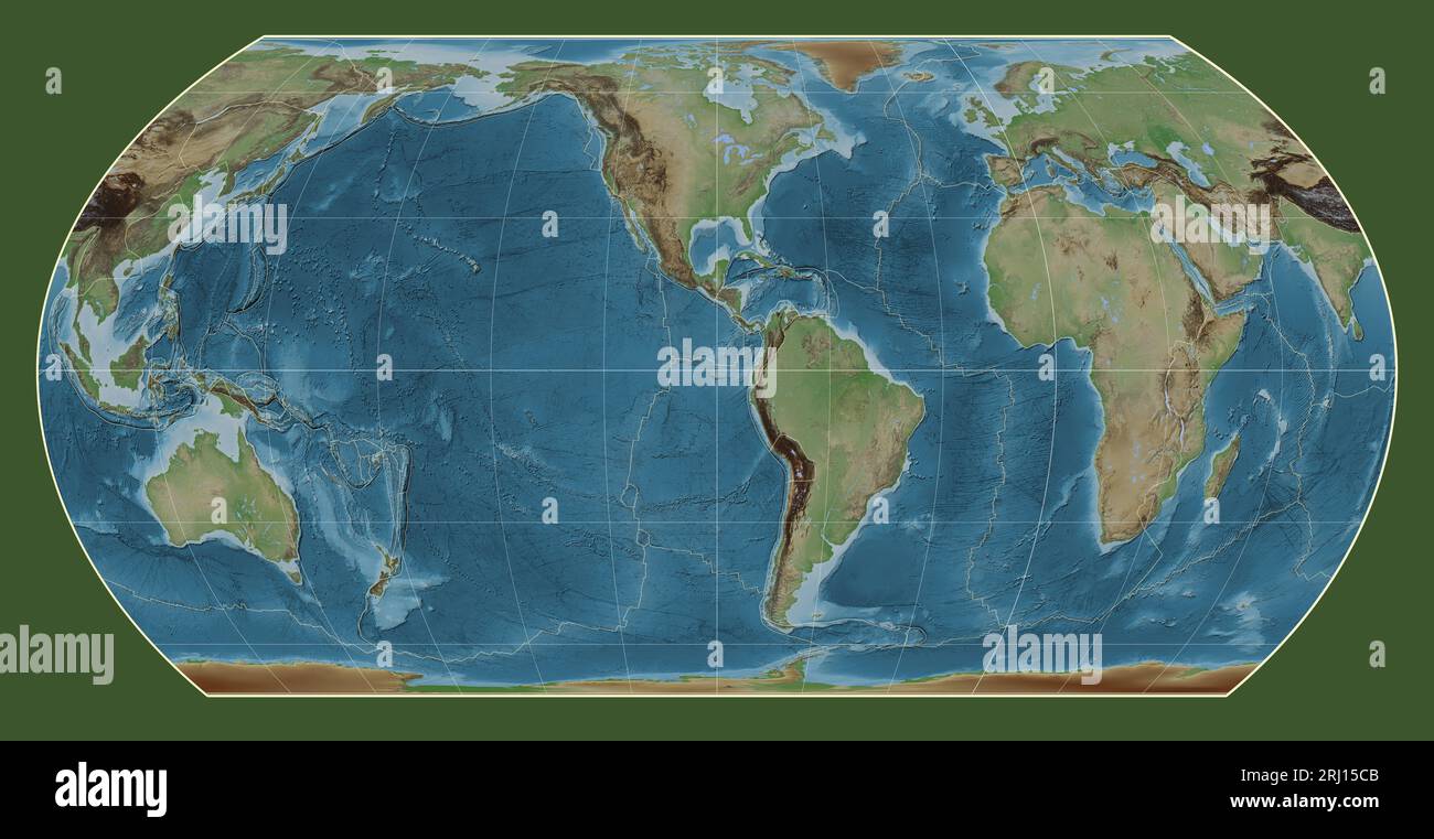 Tectonic plate boundaries on a colored elevation map of the world in ...